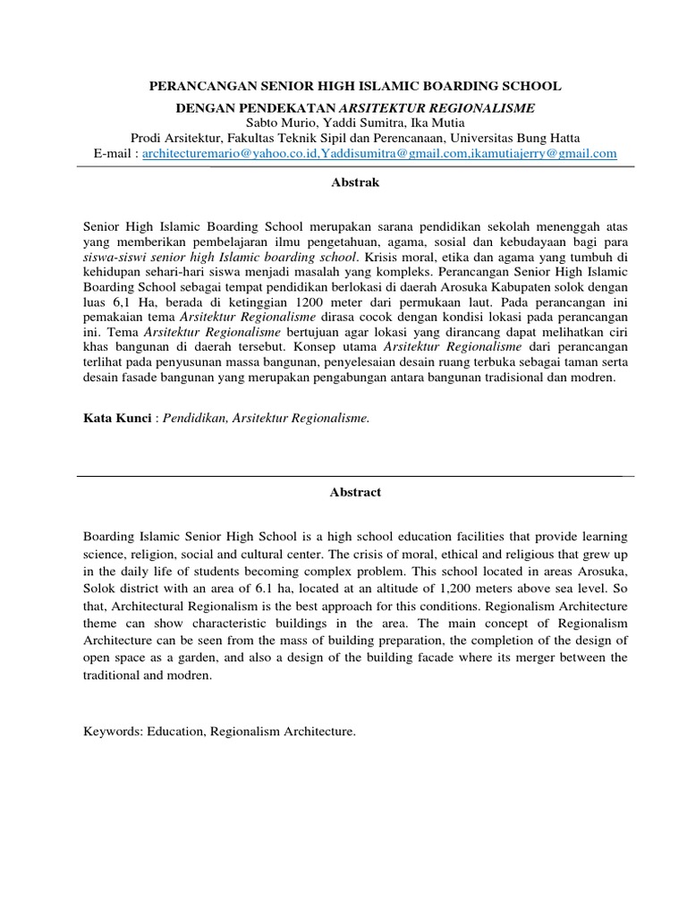 Perancangan Senior High Islamic Boarding School Dengan Pendekatan Arsitektur Regionalisme | PDF