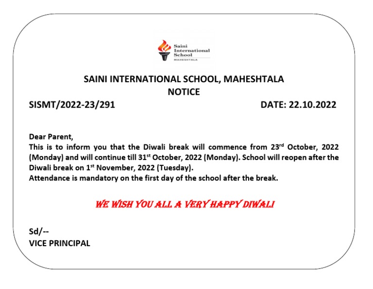 Diwali Break and School Reopening Notice | PDF