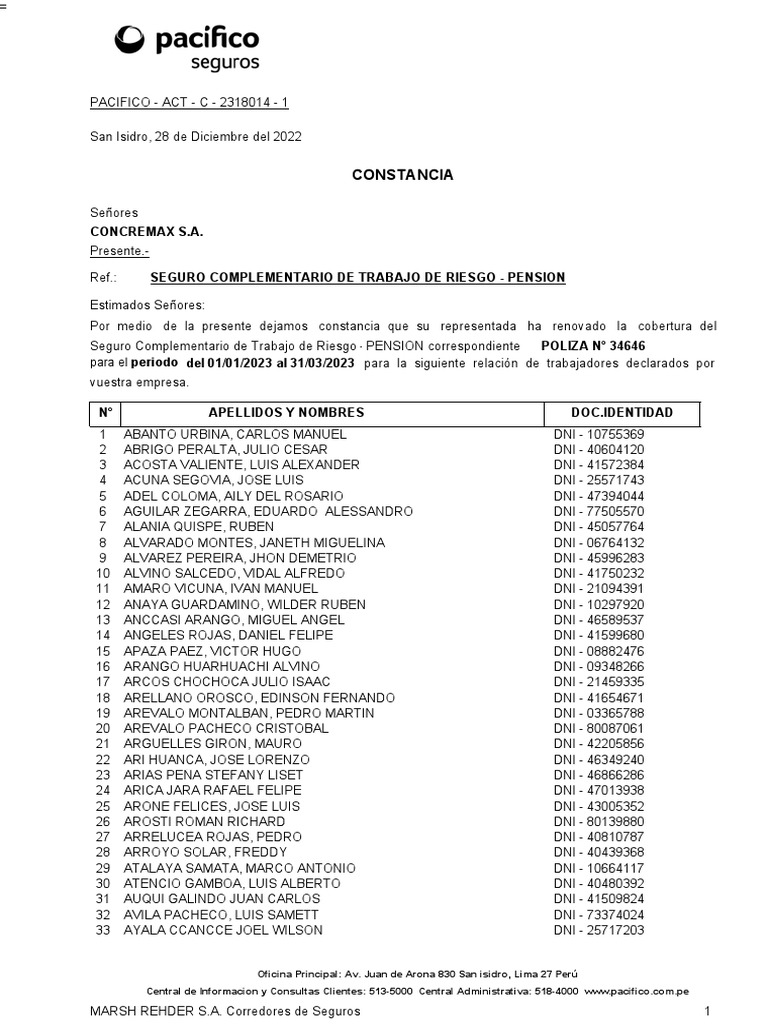 SCTR Pension - Empleados y Obreros - Enero A Marzo 2023 | PDF