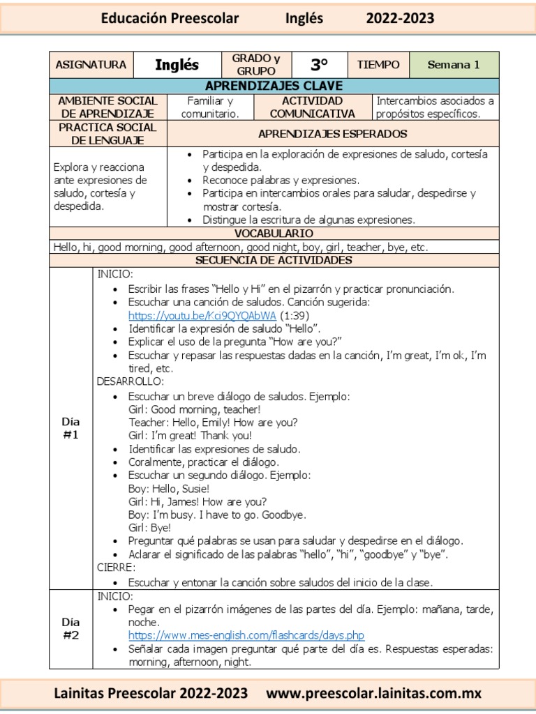 Julio - 03 Ingl S Preescolar (2022-2023) | PDF | Educación de la ...