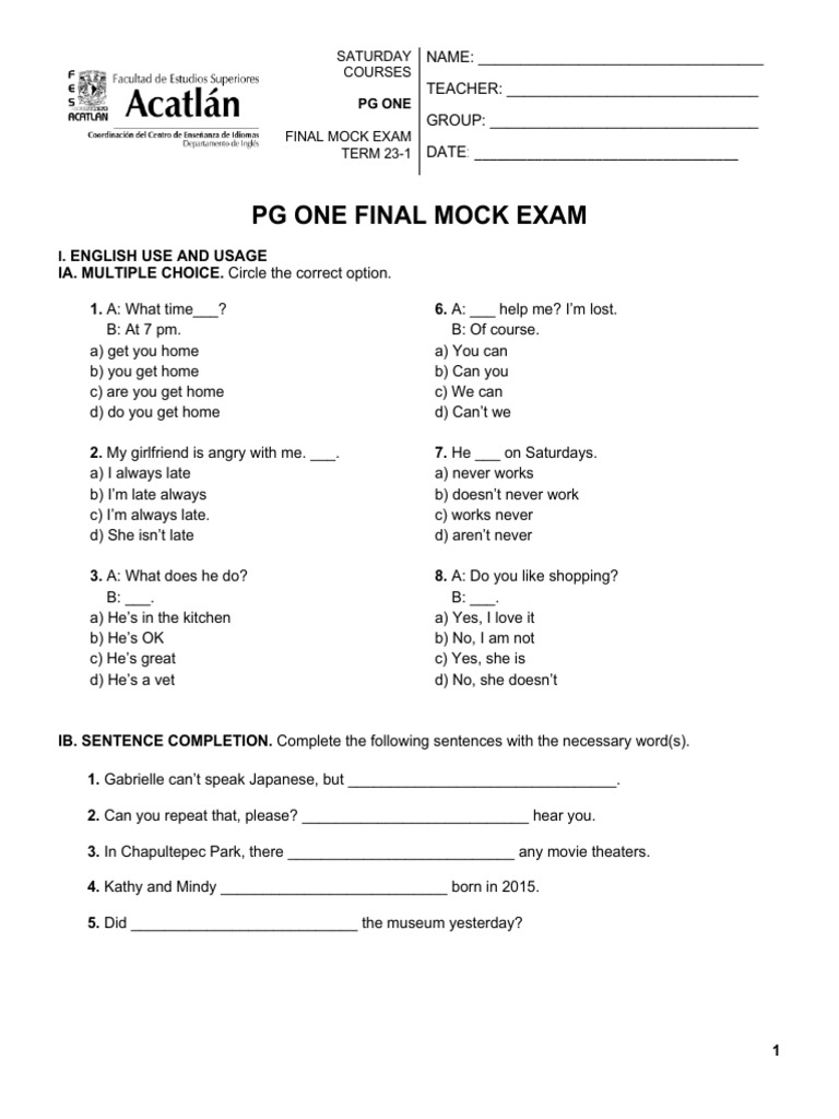 PG1 Final Mock Exam 2023-1 | Download Free PDF | Linguistics