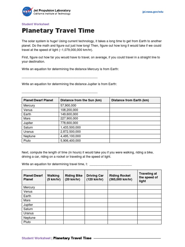Planetary Travel Time Calculations Worksheet | PDF