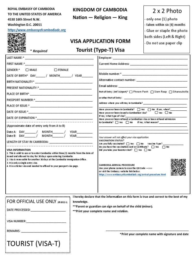 Cambodia Tourist Visa Form | PDF | Travel Visa | Cambodia