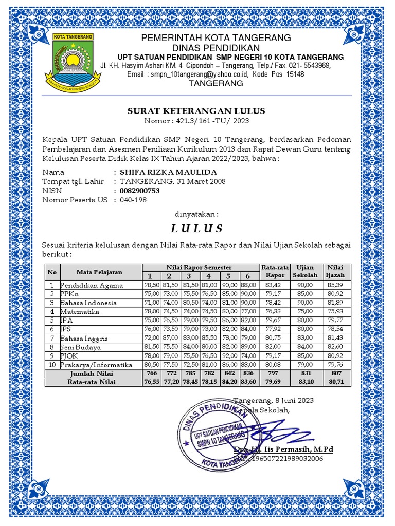 Surat Keterangan Lulus SMP 10 | PDF