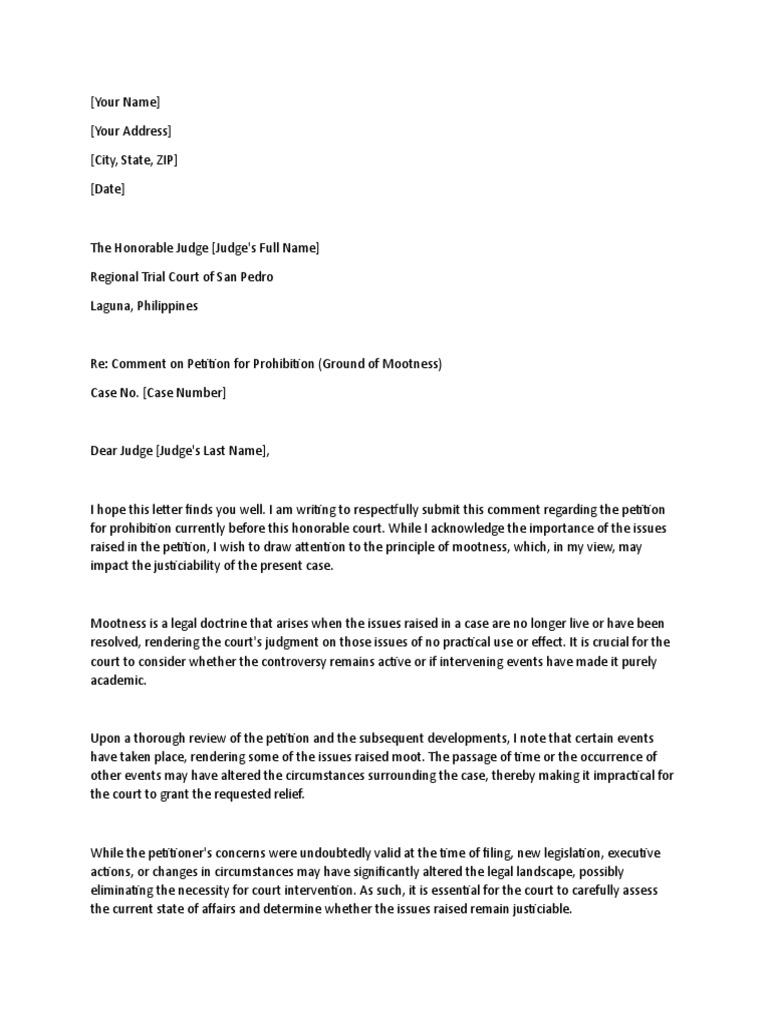 Template Letter Comment To Prohibition | PDF | Mootness | Judge