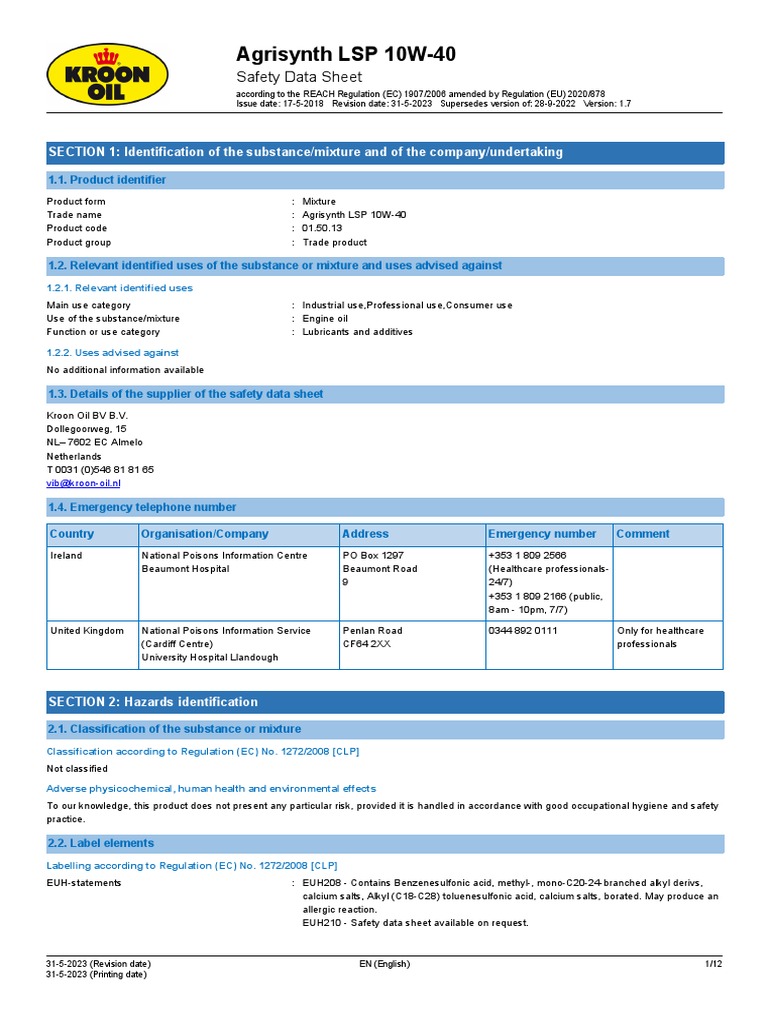 Agrisynth LSP 10W-40 Safety Data Sheet | PDF | Personal Protective ...