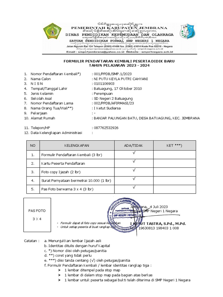 Contoh Pengisian Form Pendaftaran Kembali | PDF