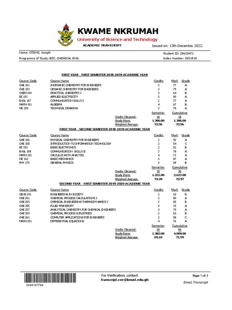 JOSEPH OTENG-KnustTranscript-OJ5414774A | PDF | Chemical Engineering ...