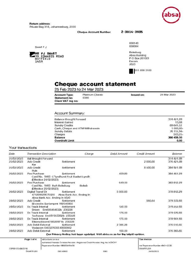 Cheque Account Statement: 39 Edwards Road Witfield 1459 | PDF | Debit ...
