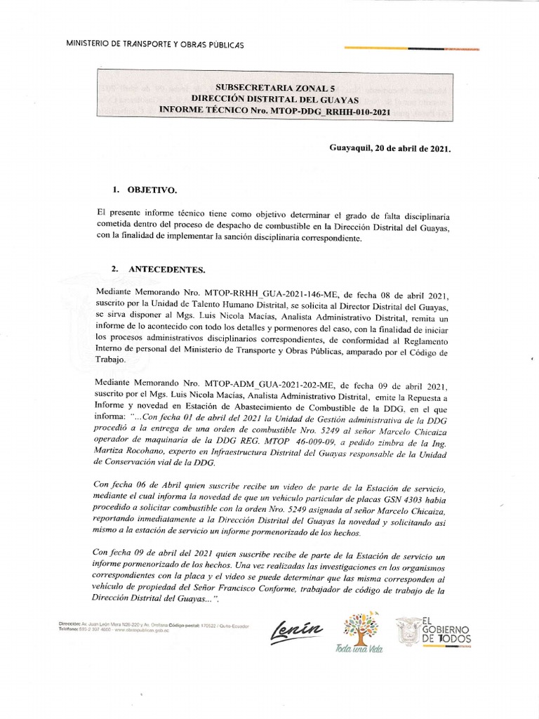 Informe Técnico MTOP-DDG_RRHH-010-2021 | PDF | Regulación | Transporte