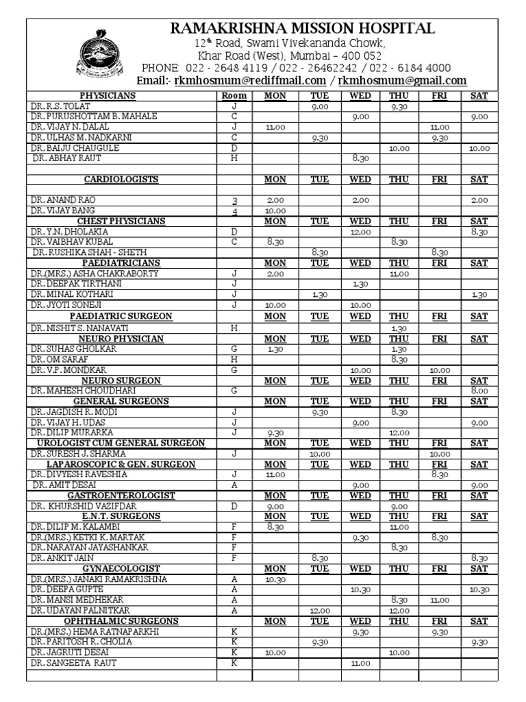 Doctors Time Table MAY 2017 | PDF | Surgery | Clinical Medicine