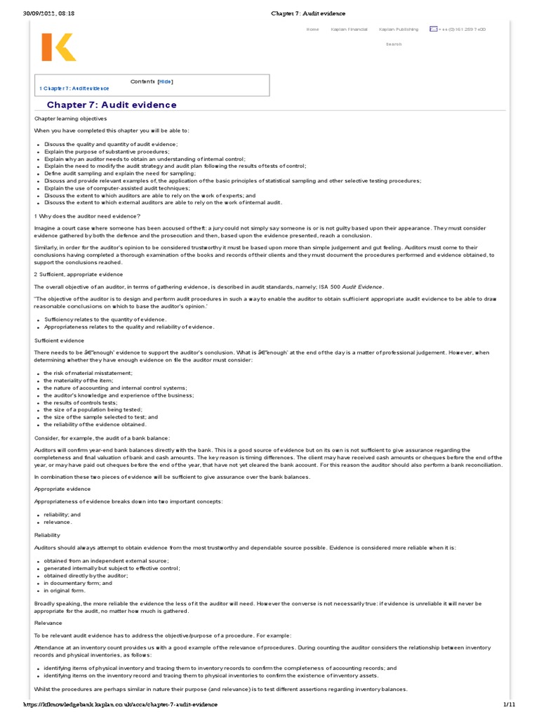 Chapter 7 - Audit Evidence | Download Free PDF | Audit | Internal Control