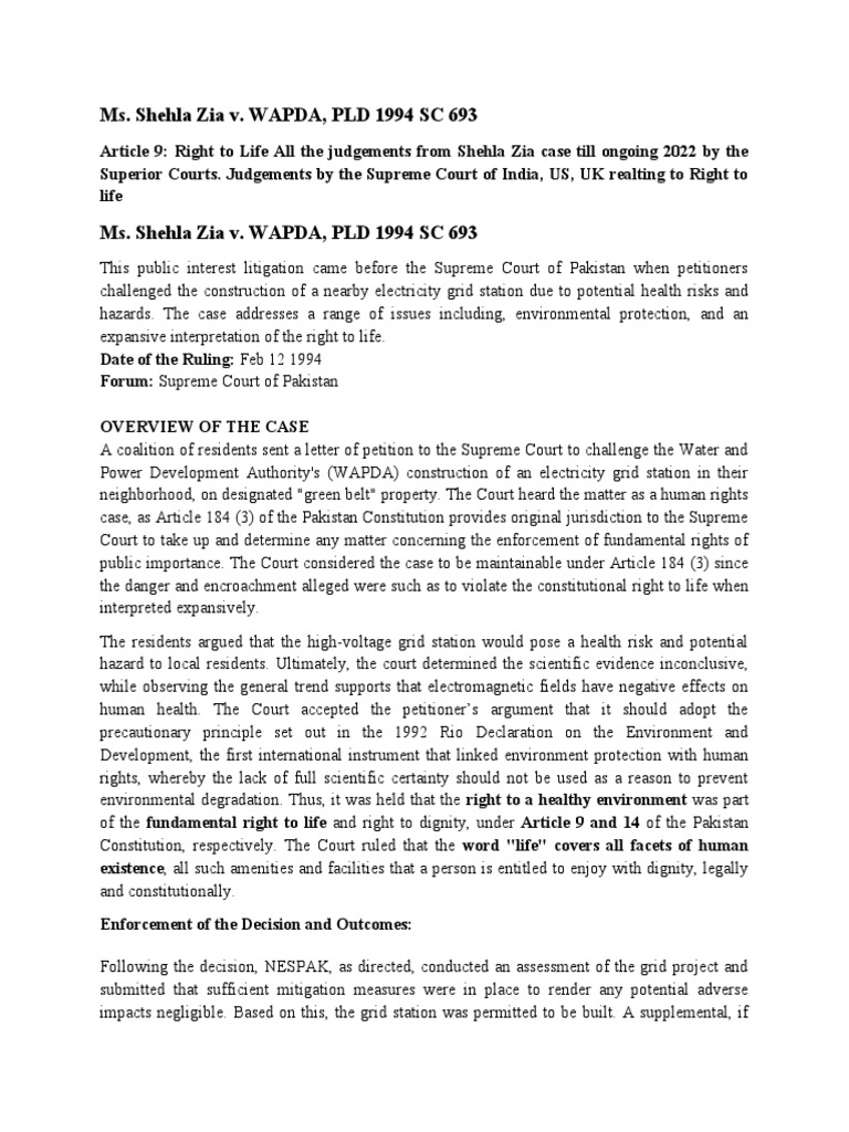 Ms. Shehla Zia v. WAPDA, PLD 1994 SC 693 | PDF | Environmental ...