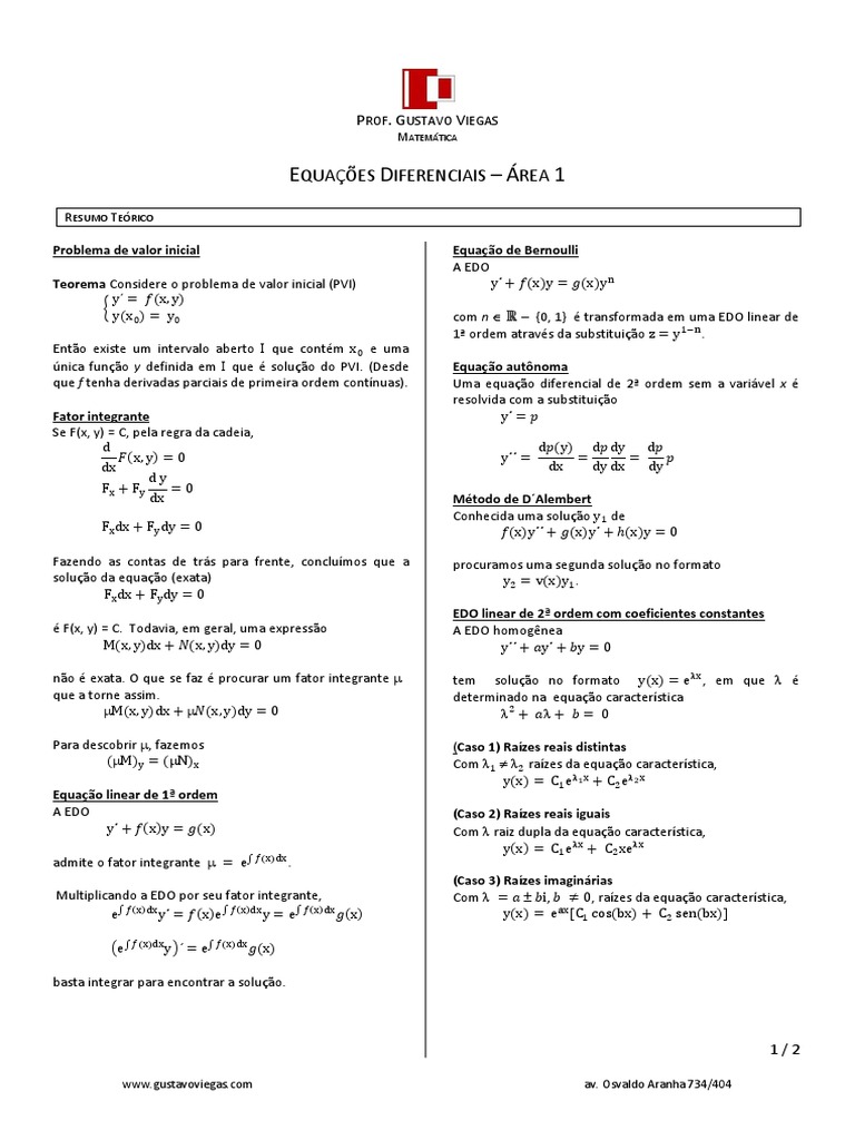 Equações Diferenciais Área 1 Resumo | Download grátis PDF | Equações ...