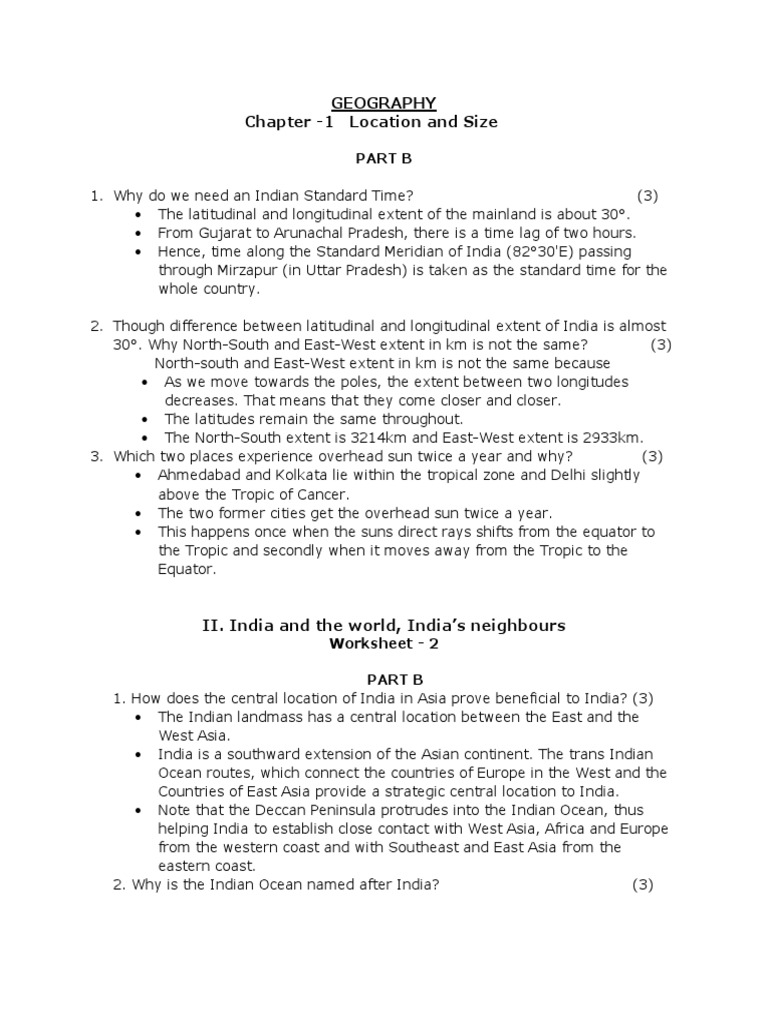 Chapter 1 India Size and Location Worksheet Part B and Textual Questions | Download Free PDF ...