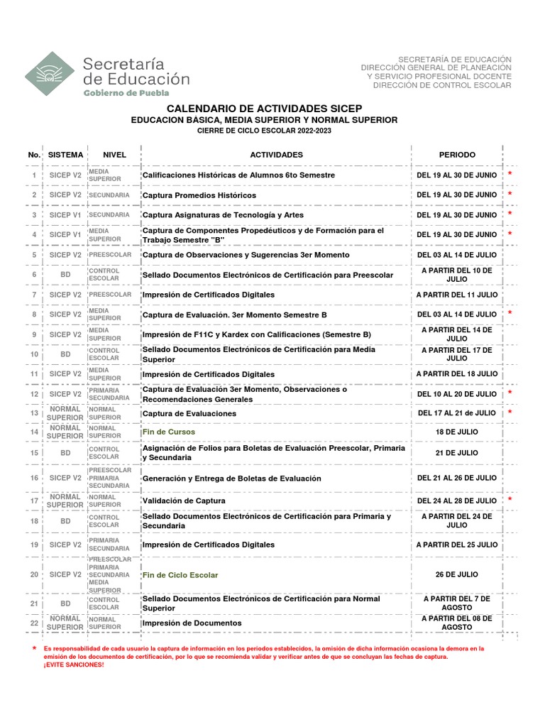 Calendario Actividades SICEP Cierre de Ciclo 22-23 | PDF | Educación de ...