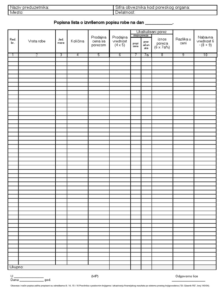 Popisna Lista Robe | PDF
