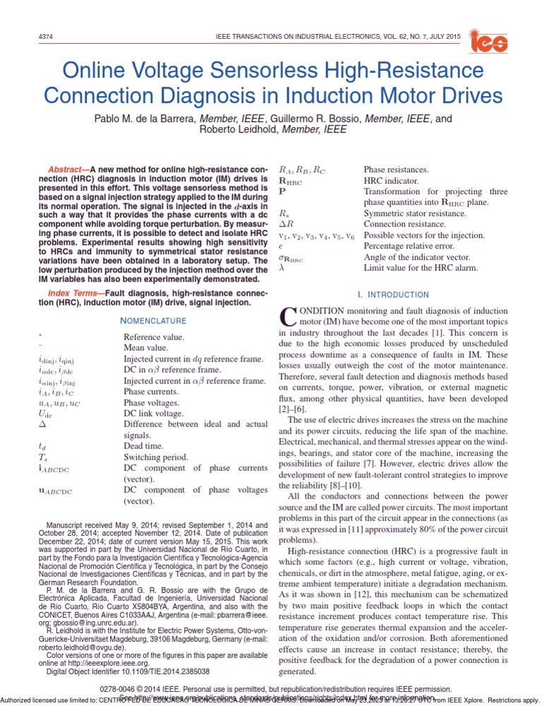 Online Voltage Sensorless High Resistance Connection Diagnosis In