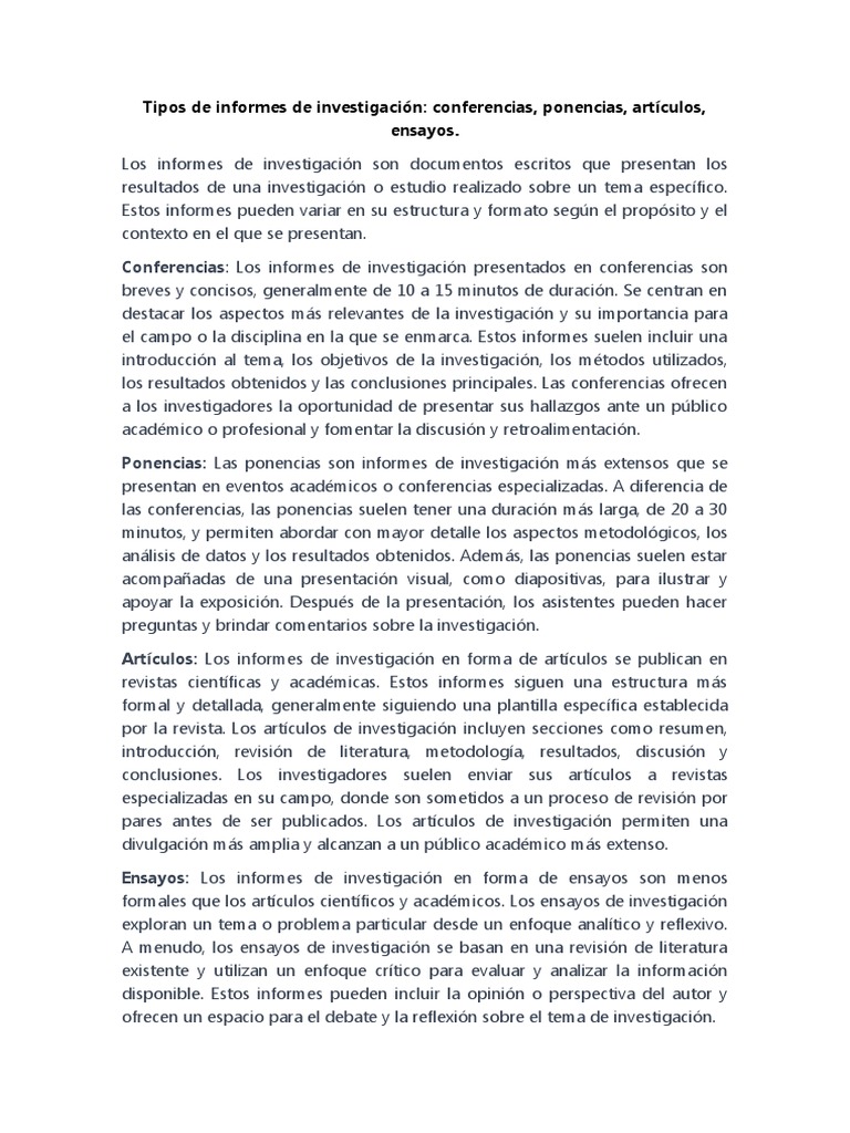 Tipos de informes de investigación | PDF | Ensayos | Análisis