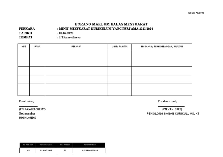 Maklum Balas Minit Mesyuarat 2023 | PDF