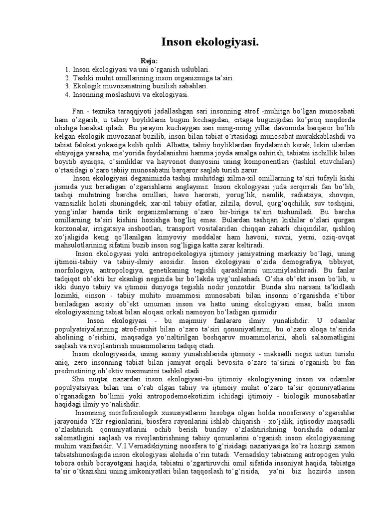 Inson Ekologiyasi | PDF