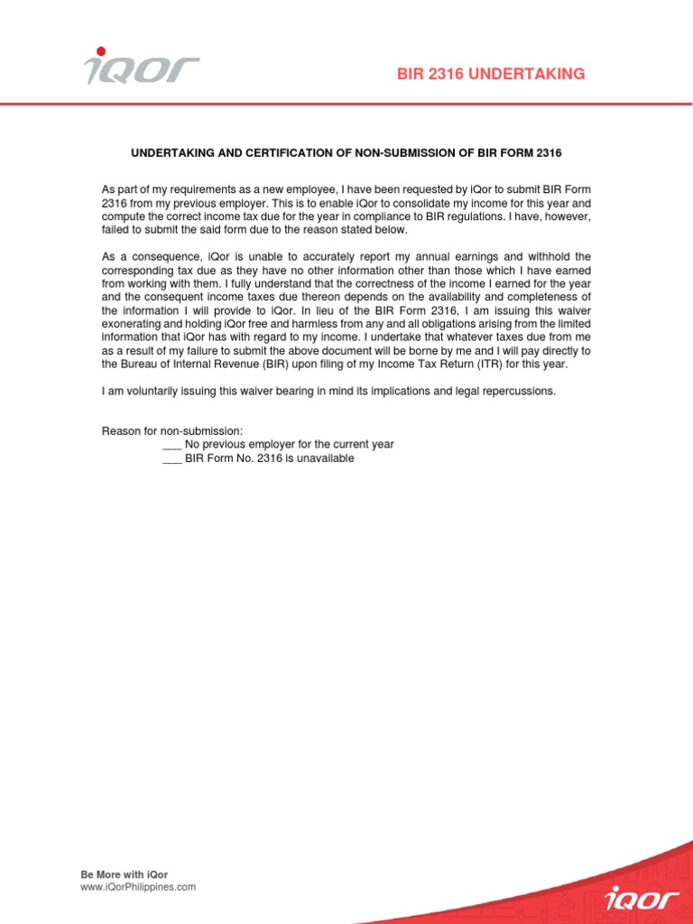 PHL - BIR - Certification of Non-Submission of 2316 | PDF