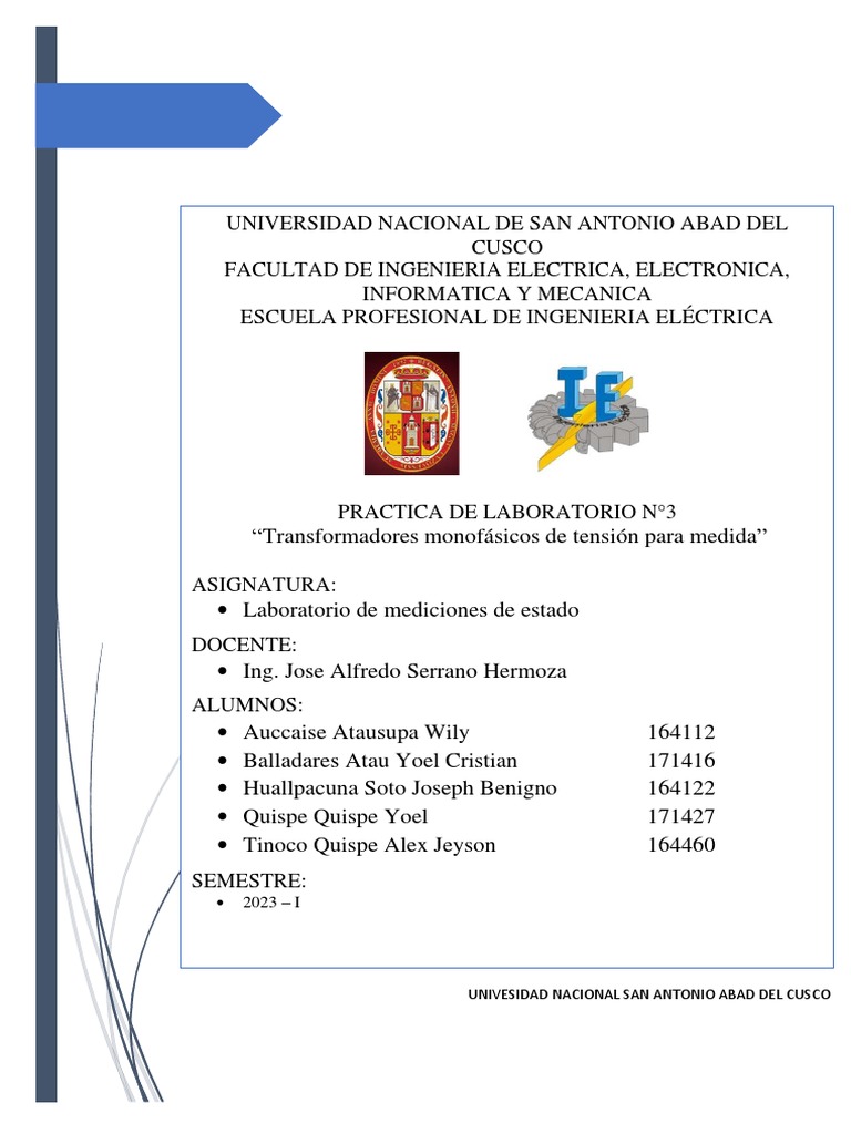 Practica de Laboratorio N°3 TT | PDF | Transformador | voltaje