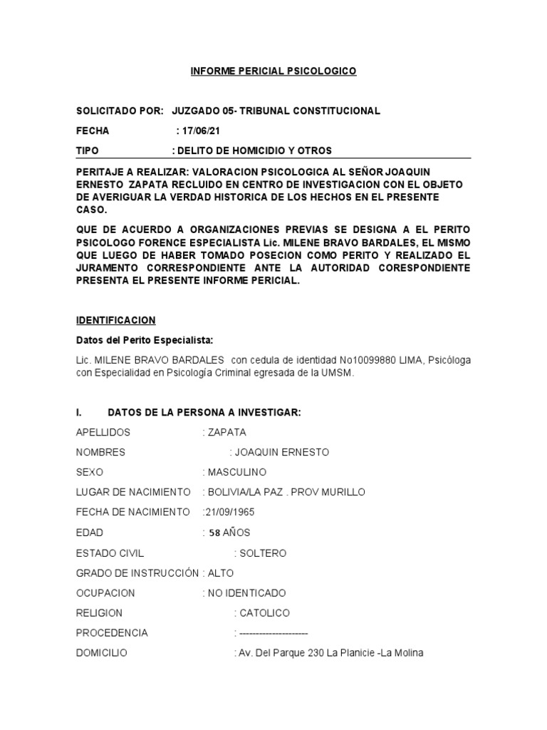 Informe Pericial Psicologico | PDF | Desorden de personalidad antisocial | Sicología