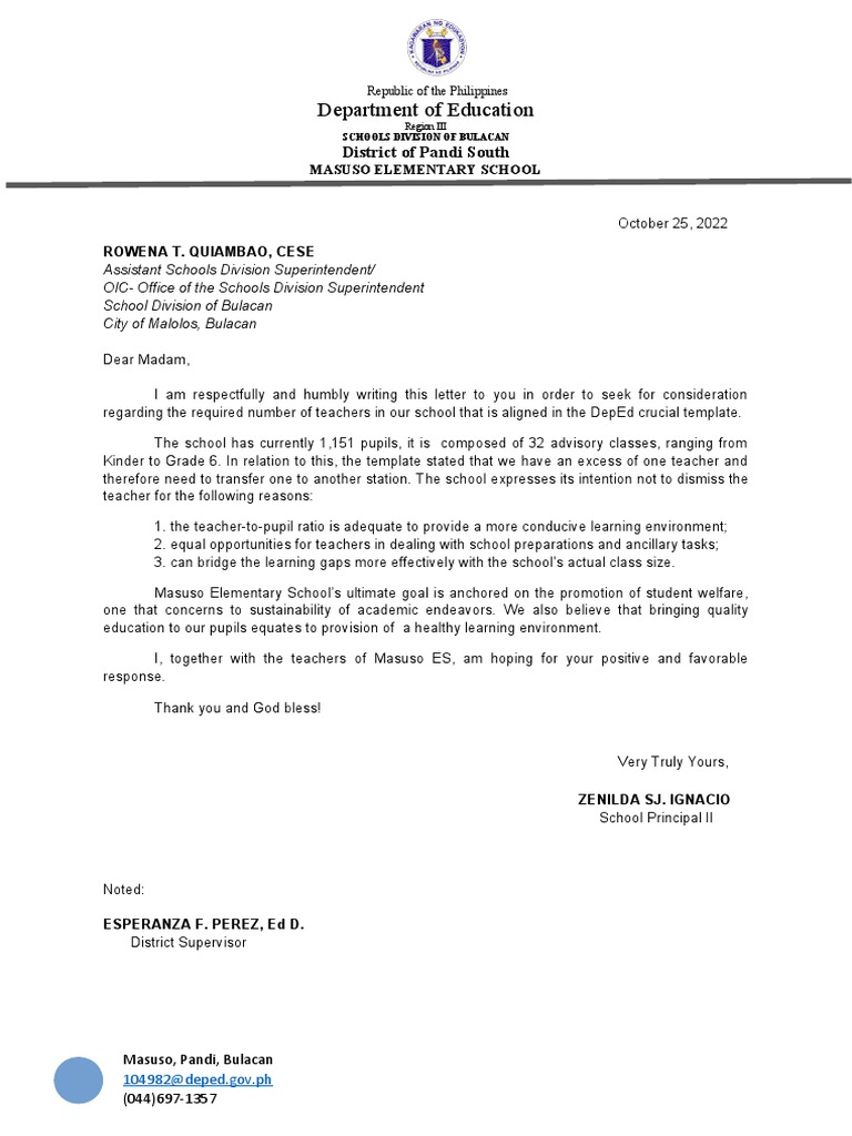 Letter Justification Excess Teacher | PDF