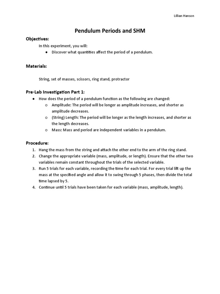 phys lab 14- pendulum periods and SHM | PDF | Mass | Pendulum