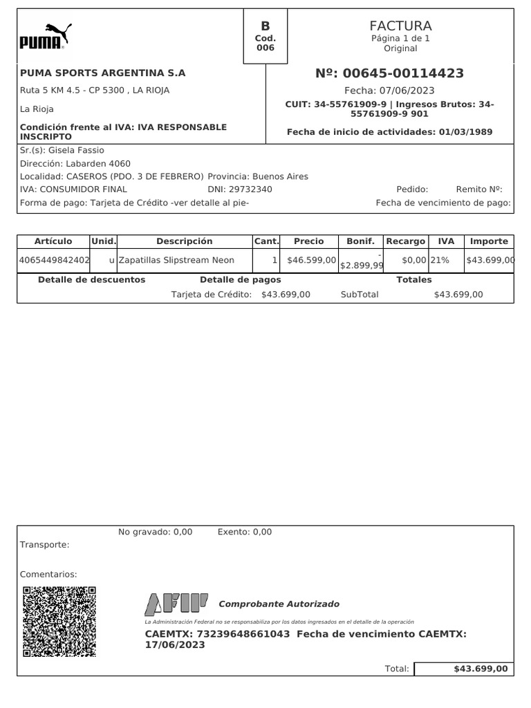 Factura: Puma Sports Argentina S.A | PDF