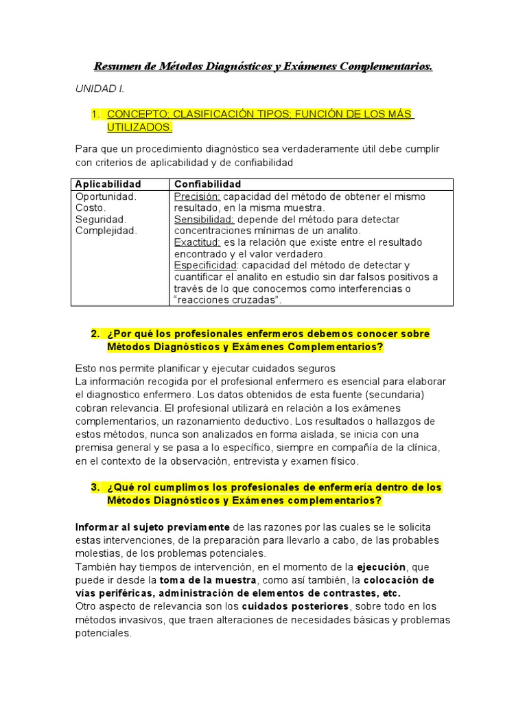 Resumen de Métodos Diagnósticos y Exámenes Complementarios | PDF | Heces | Sangre