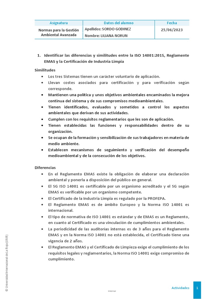 Tarea 1 Diferencia ISO 14001 EMA CERTIFICADO | PDF | Regulación ...