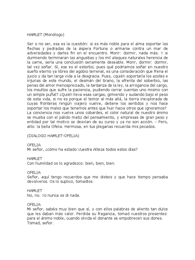 HAMLET y OFELIA ( Monólogos y Dialogo) | PDF | Aldea