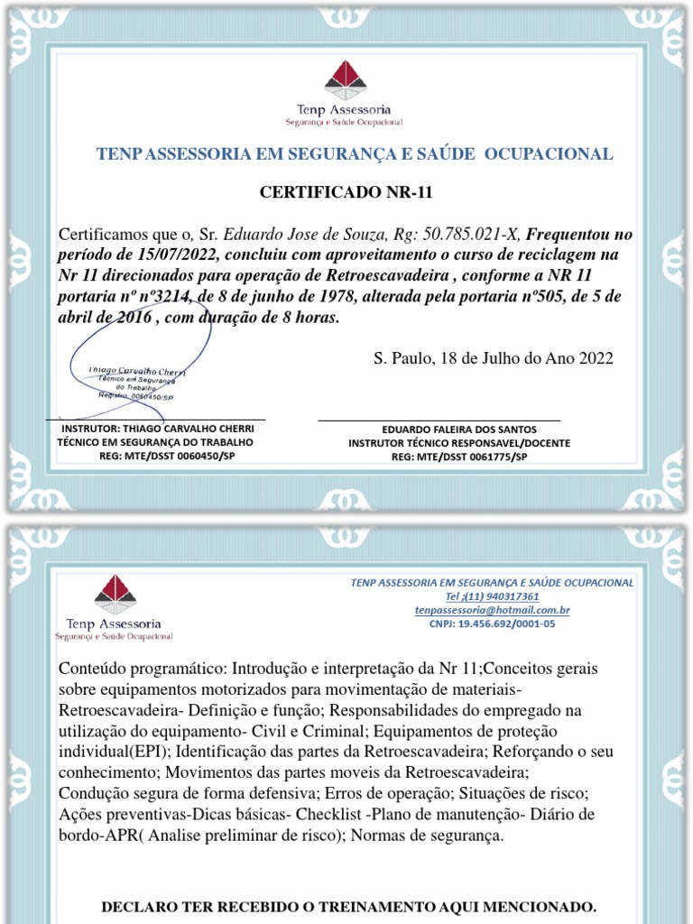 Certificado NR 11 Bombater | PDF