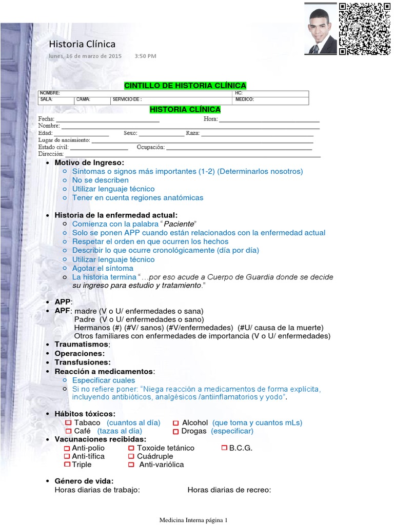Historia Clínica-1 | PDF | Examen físico | Especialidades Medicas
