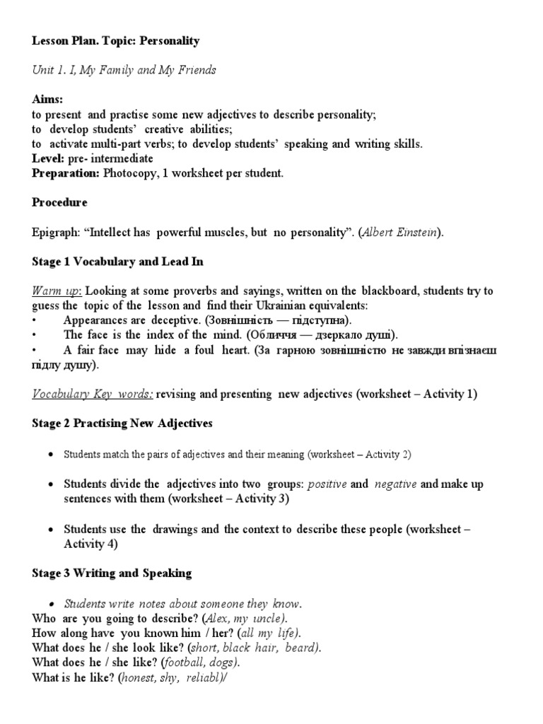 Personality - 10 - Lesson Plan - Blagodarna | PDF | Linguistics