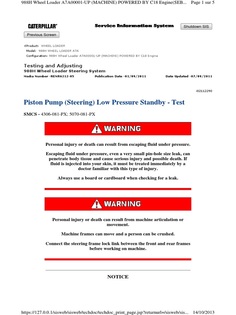 Piston Pump (Steering) Low Pressure Standby - Test | PDF | Loader ...