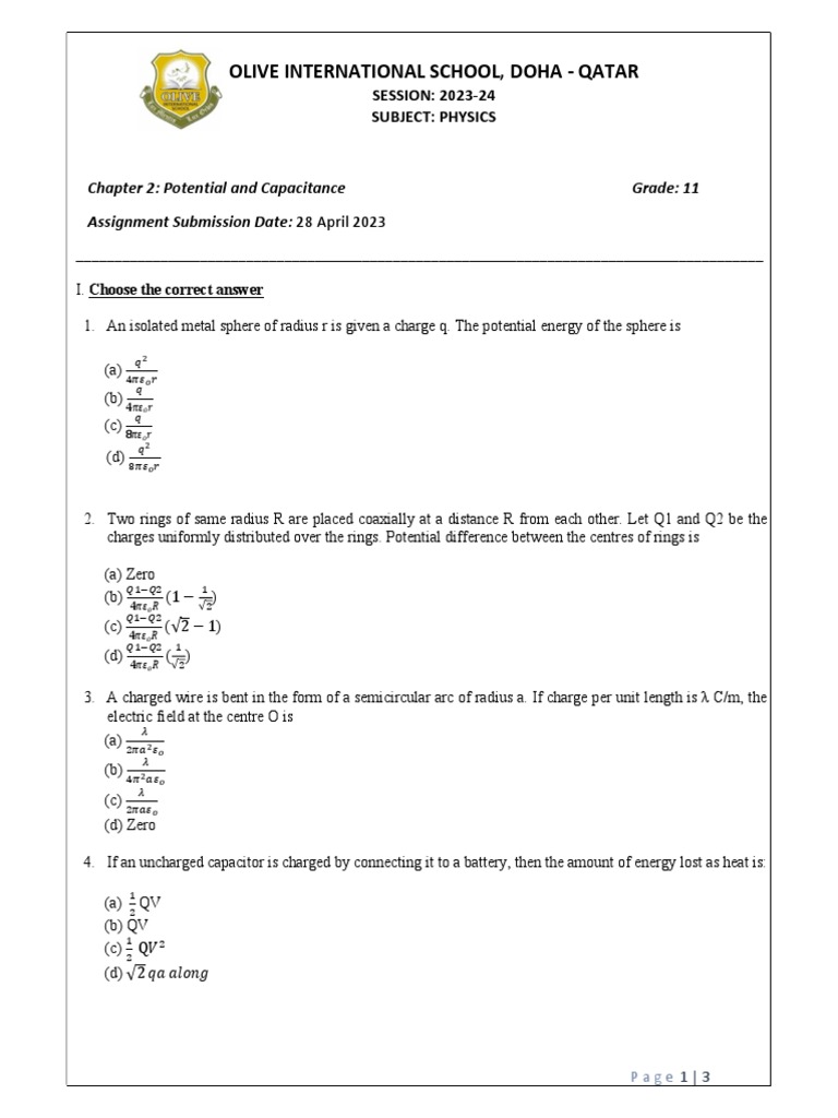 02 - Potential & Cap - Assignment | PDF | Capacitor | Capacitance