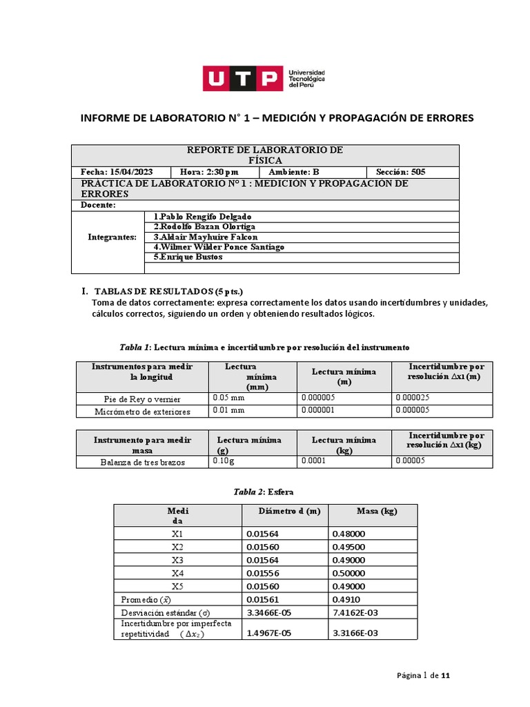 Informe De Laboratorio N°1 Medicion Y Propagacion De Errores G6 Caf1