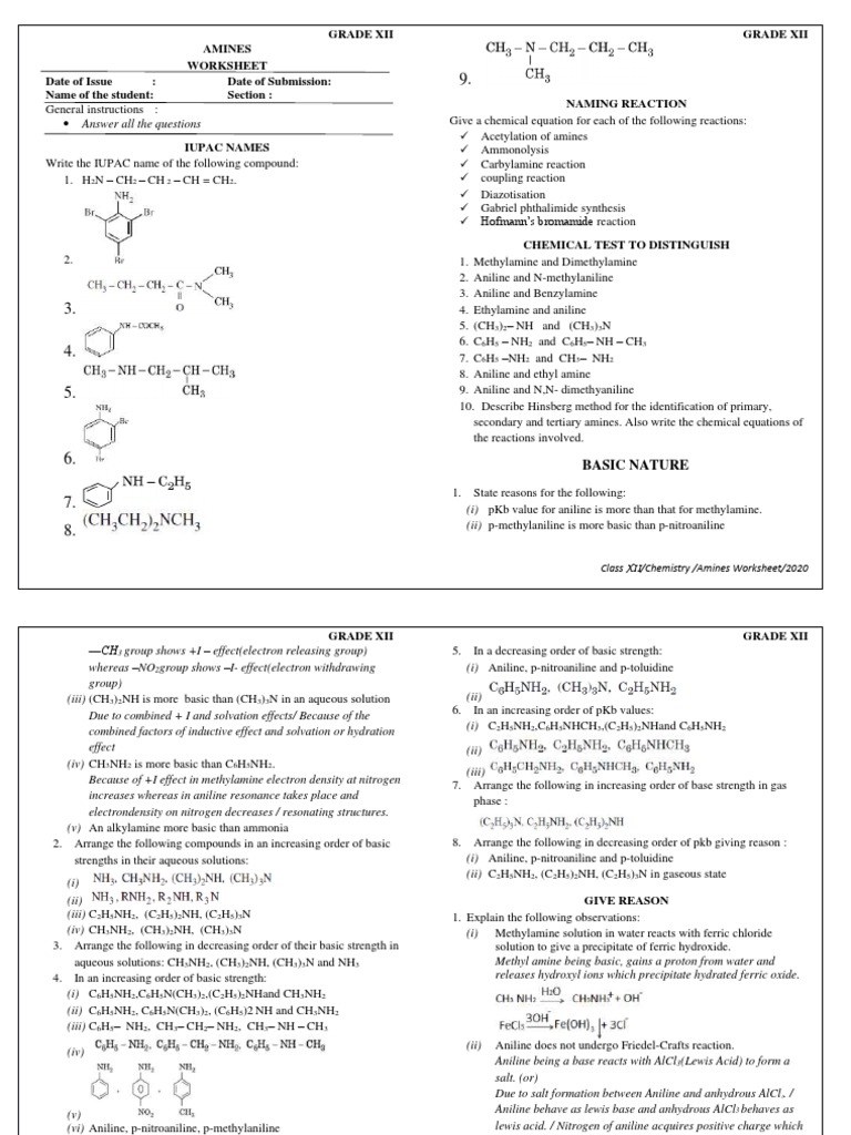 Amines worksheet Answer Grade 12 | PDF | Amine | Methyl Group