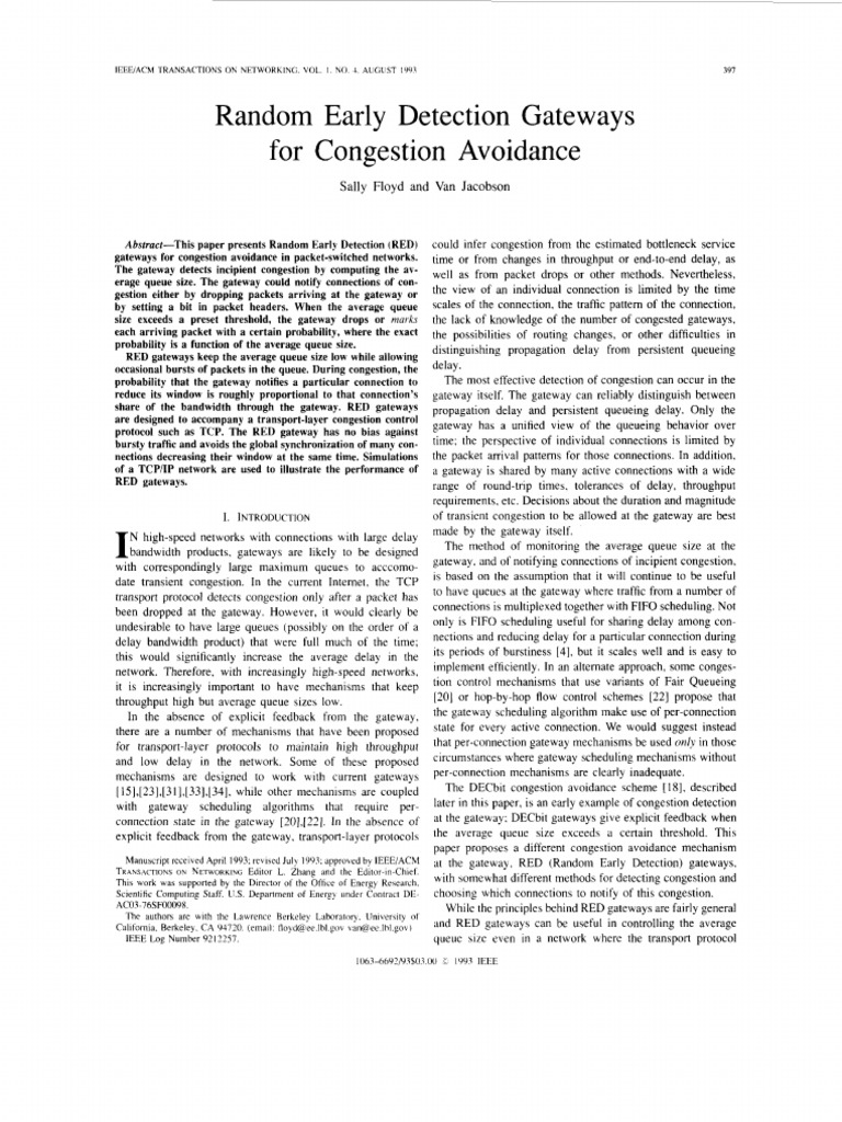 Random Early Detection Gateways For Congestion Avoidance Pdf Network Congestion Computer 1409