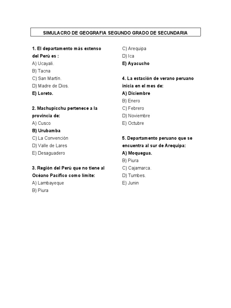 Simulacro de Geografia Segundo Grado de Secundaria | PDF