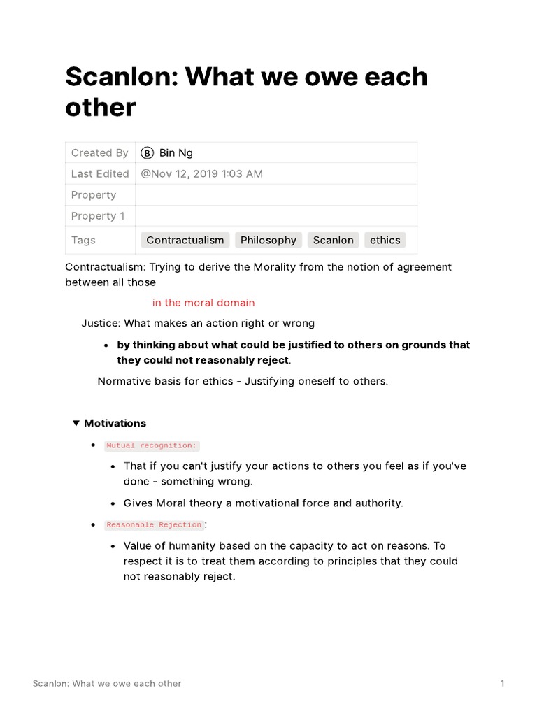 Scanlon What We Owe Each Other Notes | PDF | Reason | Rationality