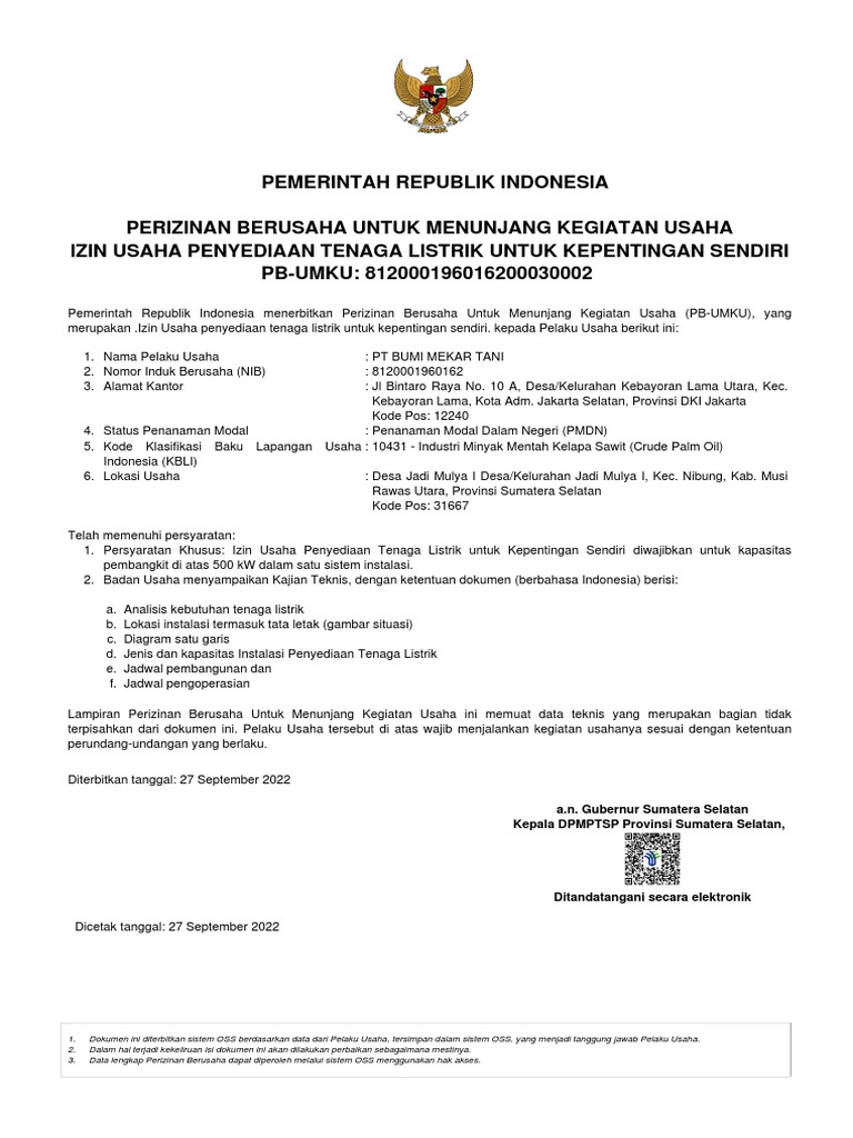 Izin Usaha Penyediaan Tenaga Listrik Untuk Kepentingan Sendiri. | PDF
