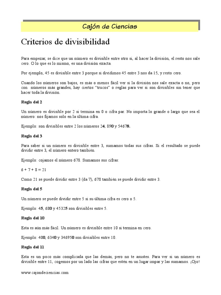 Criterios de Divisibilidad para Primaria | PDF | Teoría de los números ...