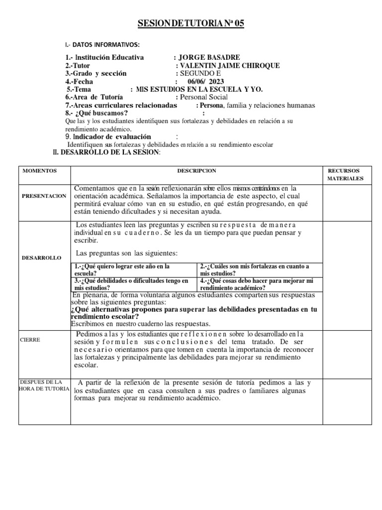 Sesion de Tutoria N 05 | PDF