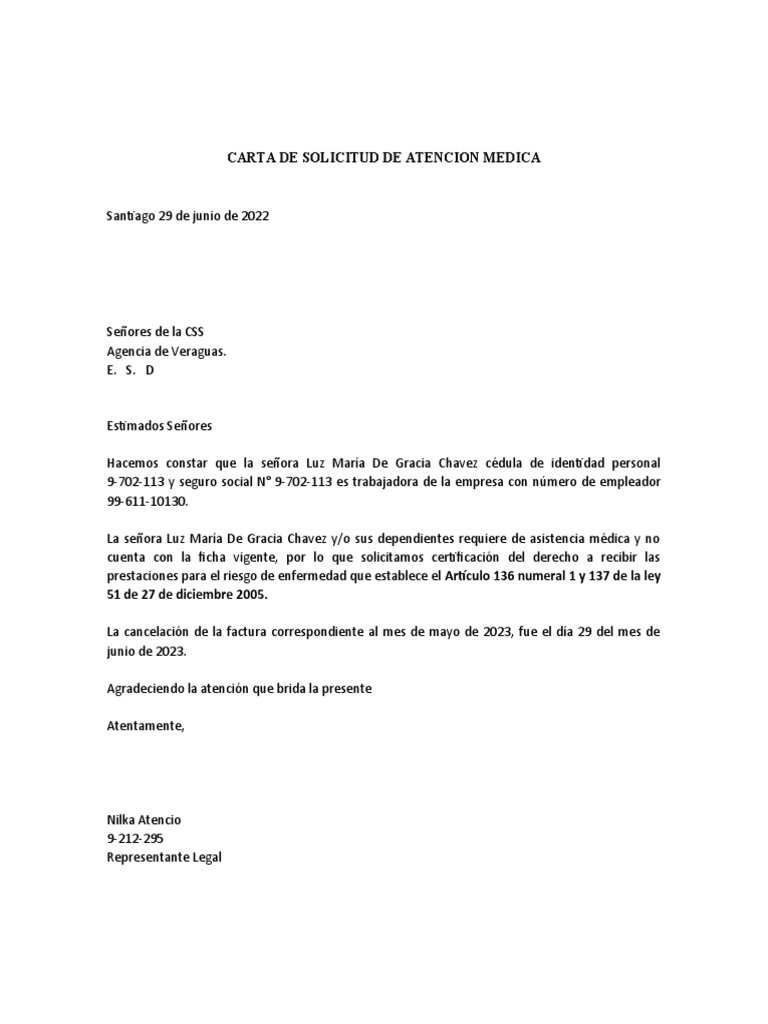 Carta de Solicitud de Atencion Medica Ana Carrasco | PDF