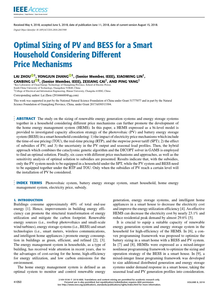 IEEE Optimal Sizing of PV and BESS for a Smart Household | PDF | Photovoltaics | Photovoltaic System