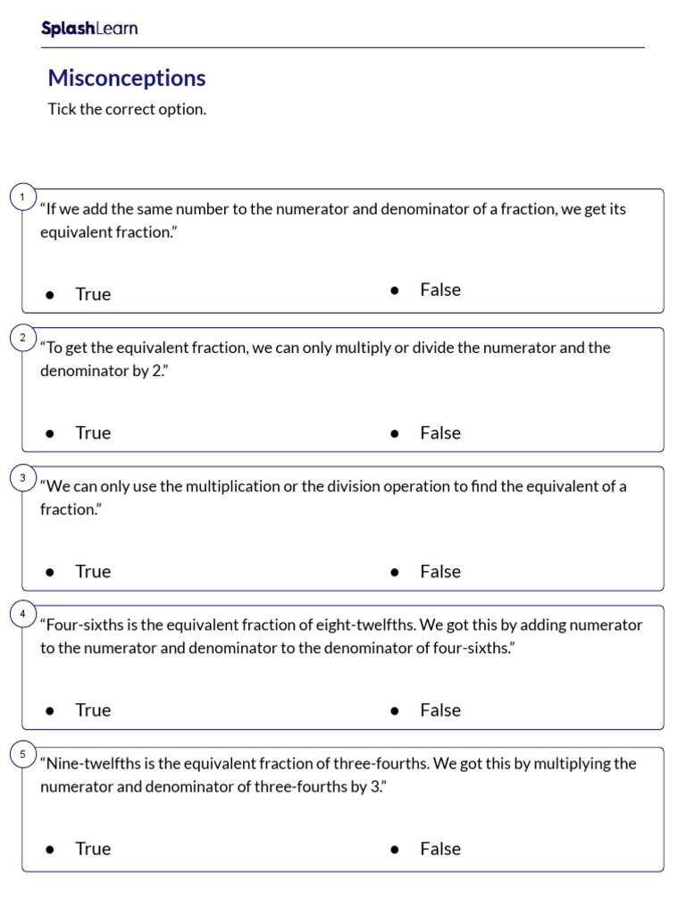Misconceptions Statements On Equivalent Fractions Worksheet | PDF